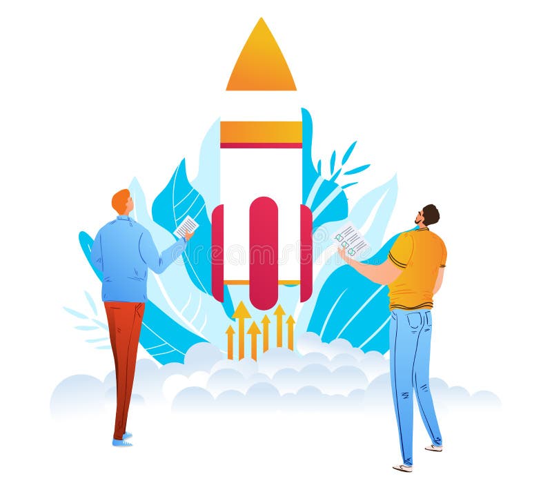 Startup Launching Process Infographic Technology Character Male Prepared Launch Company Rocket ...