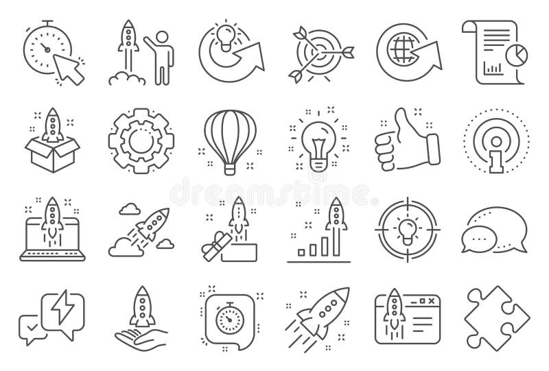 Startup Line Icons. Set of Launch Project, Business Report and Target ...