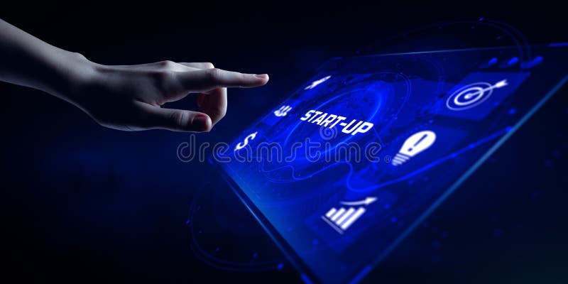 Startup New Business Development Concept. Hand Pressing Button on ...