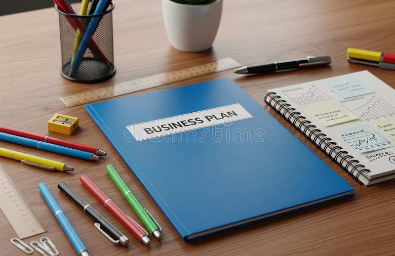 Entrepreneur Workspace Showing Business Plan Folder, Notebook, and Pen ...