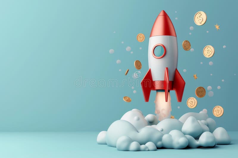Startup, Rocket, 3d Flying Space Rocket with Money Coin. Spaceship ...
