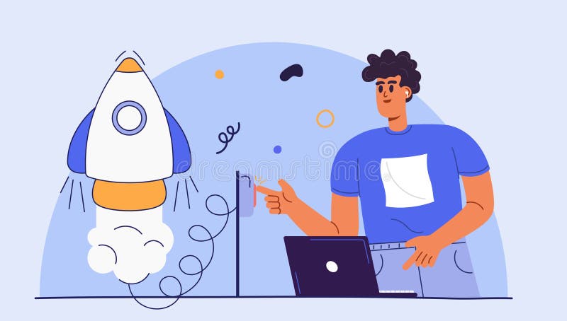 Startup Rocket Launch Modern Flat Concept. Young Man Push on Button and Launch Rocket Stock ...