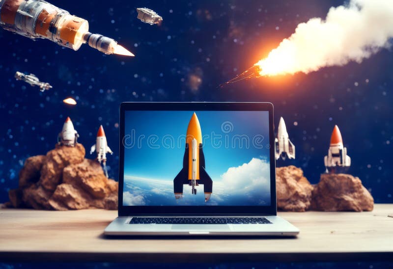 Startup Screen Laptop from Blue Concept Rocket Flying Text Space ...