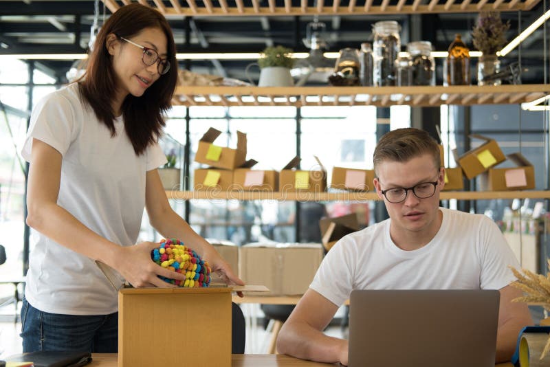Startup Small Business Owner Working with Computer at Workplace. Stock ...