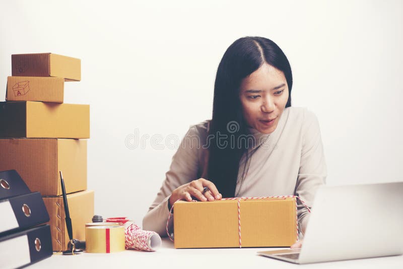 Startup Small Business Owner Working with Computer at Workplace. Stock ...