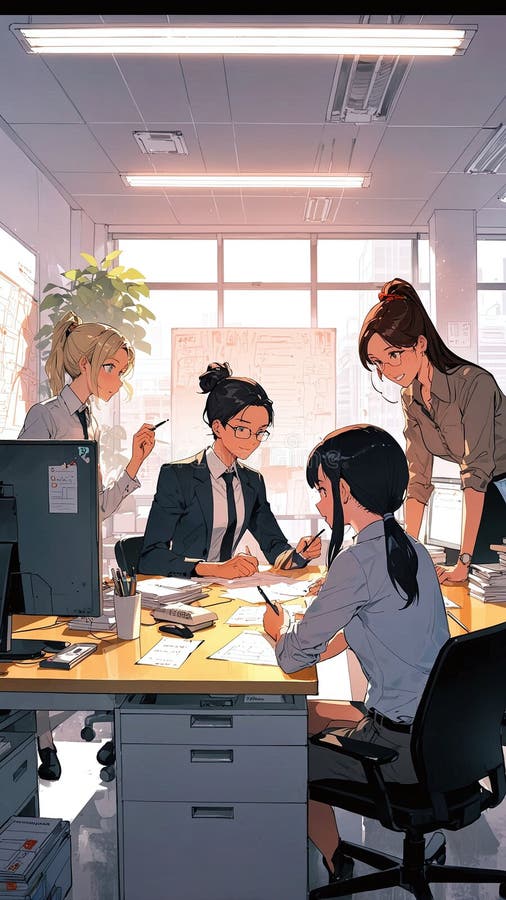 Startup-style Anime Office with a Brainstorming Session in Progress ...