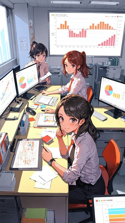 Startup-style Anime Office with a Brainstorming Session in Progress ...