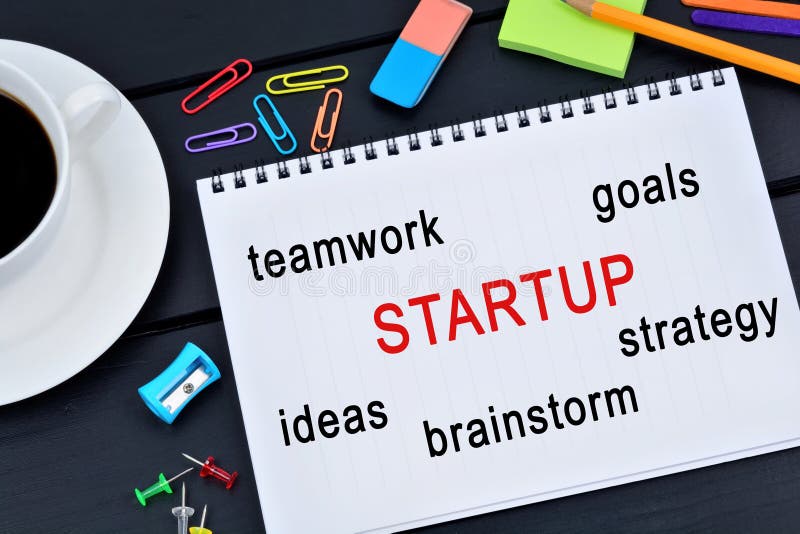 Startup Word on Notebook on a Wooden Table Stock Image - Image of wood ...