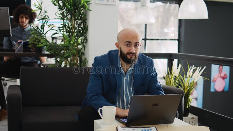 Startup Worker Uses Laptop in Open Space Stock Video - Video of ...