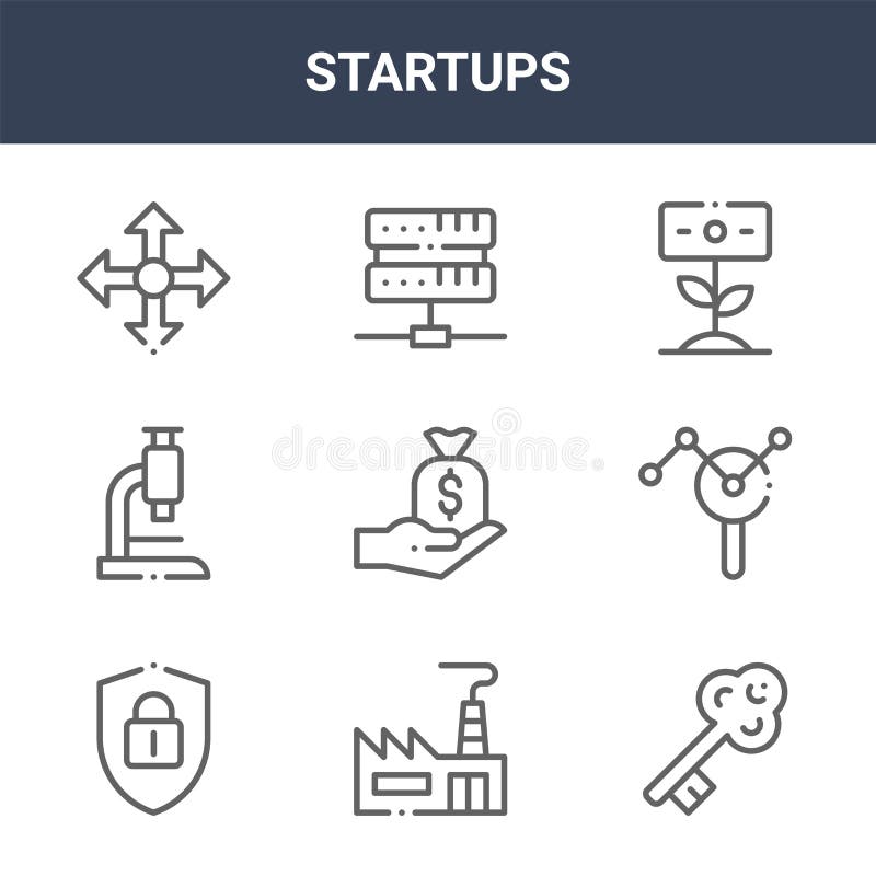 9 Startups Icons Pack. Trendy Startups Icons on White Background. Thin ...