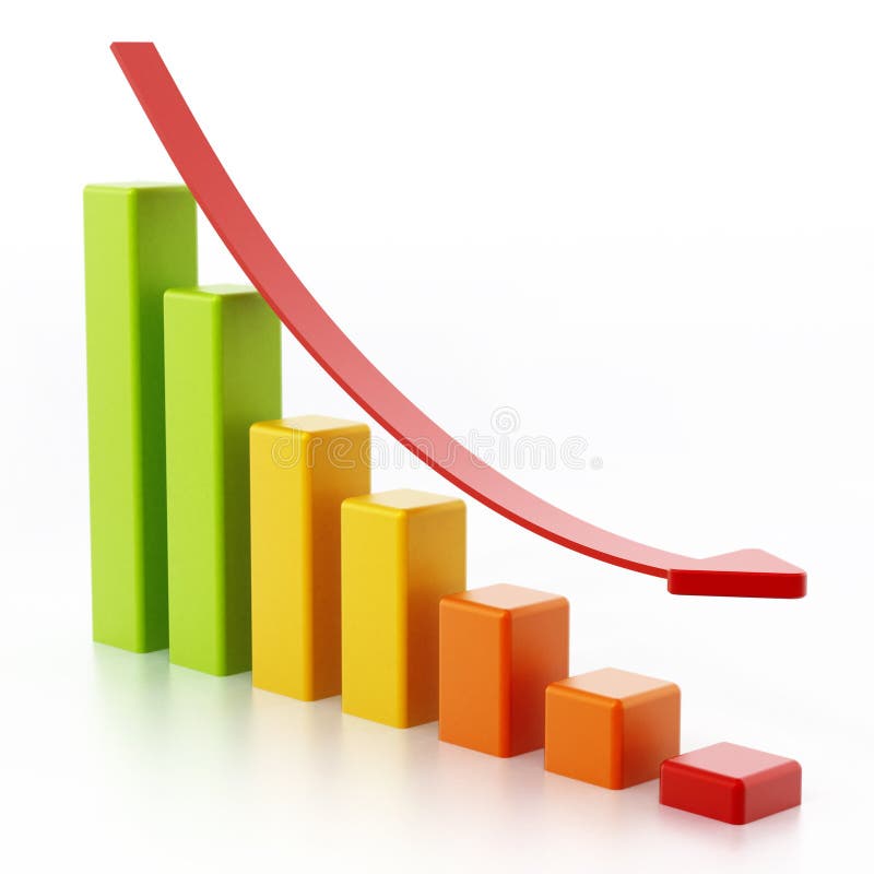 Stat Bars and Falling Arrow Showing a Downward Trend. 3D Illustration ...