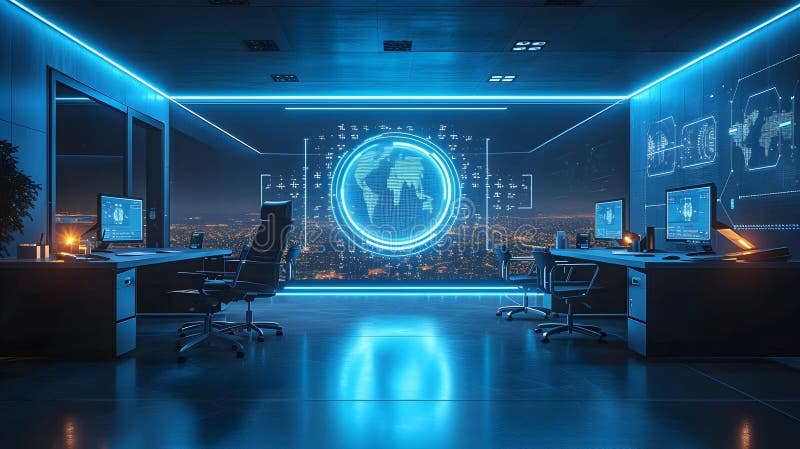 A State-of-the-art Cybersecurity Hub Illuminated with Blue Neon Lights ...