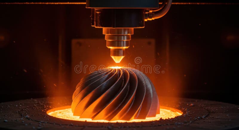 State of the Art 3D Printer Constructing a Glowing Metal Turbine Component Stock Illustration ...