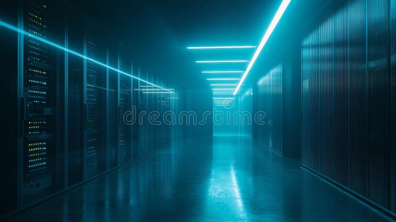 A State-of-the-art Data Center with Modern Blue LED Server Racks in a ...