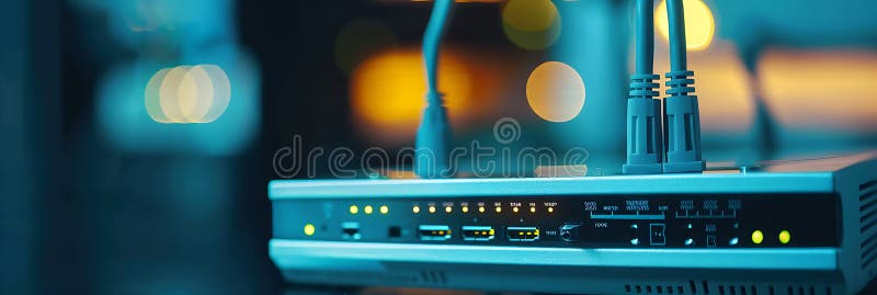 Modern Ethernet Switch with Blinking Lights, Connected Cables, and ...