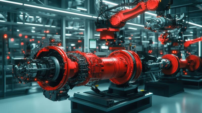 Robotic Arms Assembling Red Engine Components in a Futuristic Factory ...