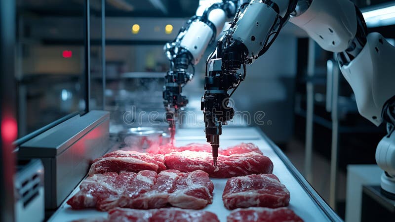 Robotic Arms Preparing Fresh Meat in a Modern Food Processing Facility ...