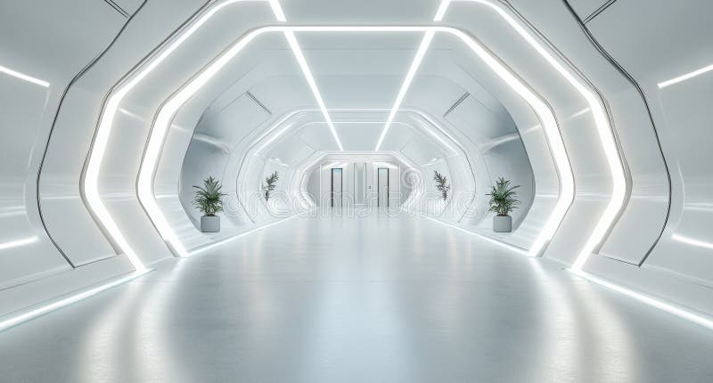 A State-of-the-art Hallway with Bright Illumination and Elevators in a ...