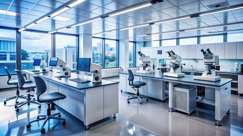 State-of-the-Art Lab with Microscopes and Computers Stock Illustration ...