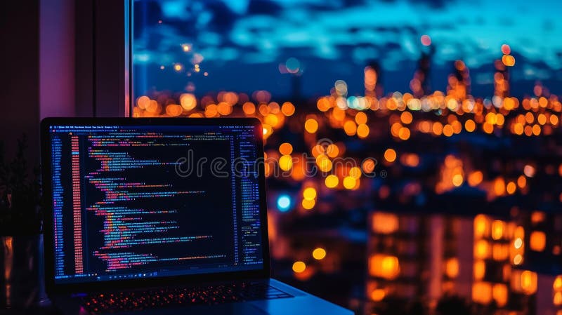 A State-of-the-art Laptop Displaying Code in an Office Overlooking a ...