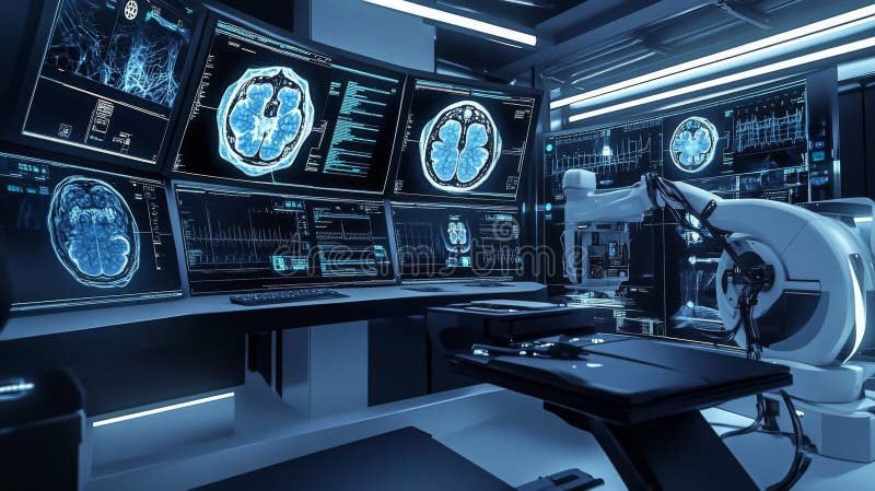 High-tech Medical Lab with Robotic Arm and Brain Scans Stock Photo - Image of monitors ...