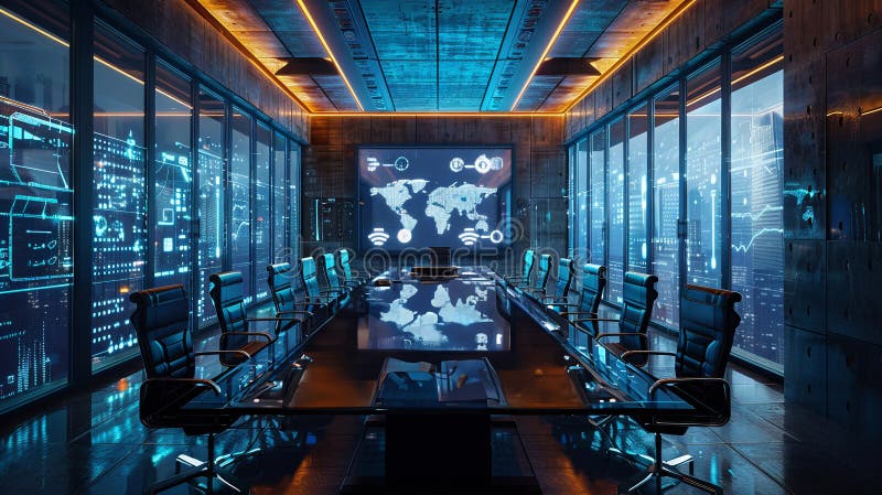 State of the Art Meeting Room with Digital Data Analysis in Progress ...