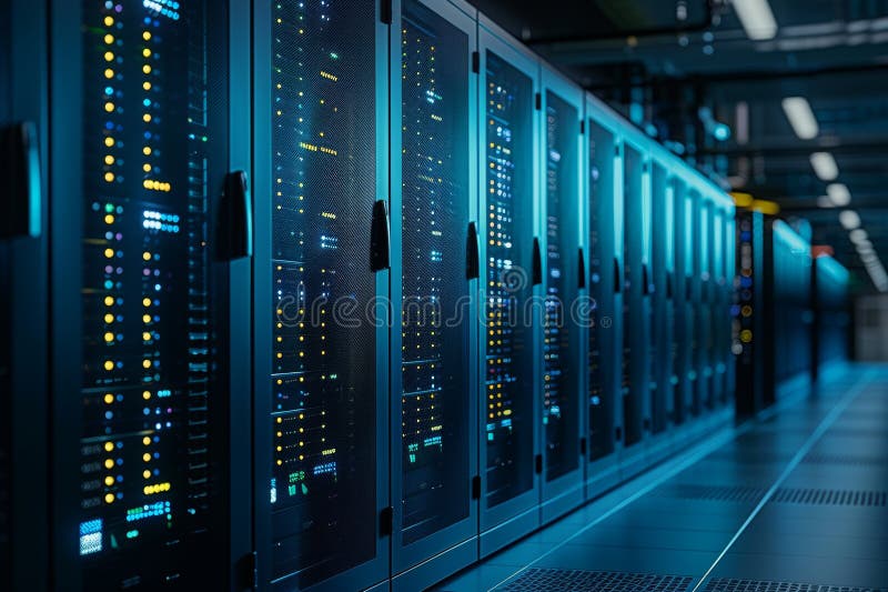 Server Room with Rows of Rack-mounted Servers Lit by Blue Light Stock ...
