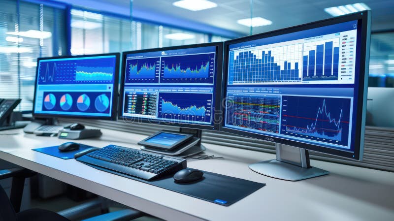 A State-of-the-art Work Setup Comprising Several Computer Monitors ...