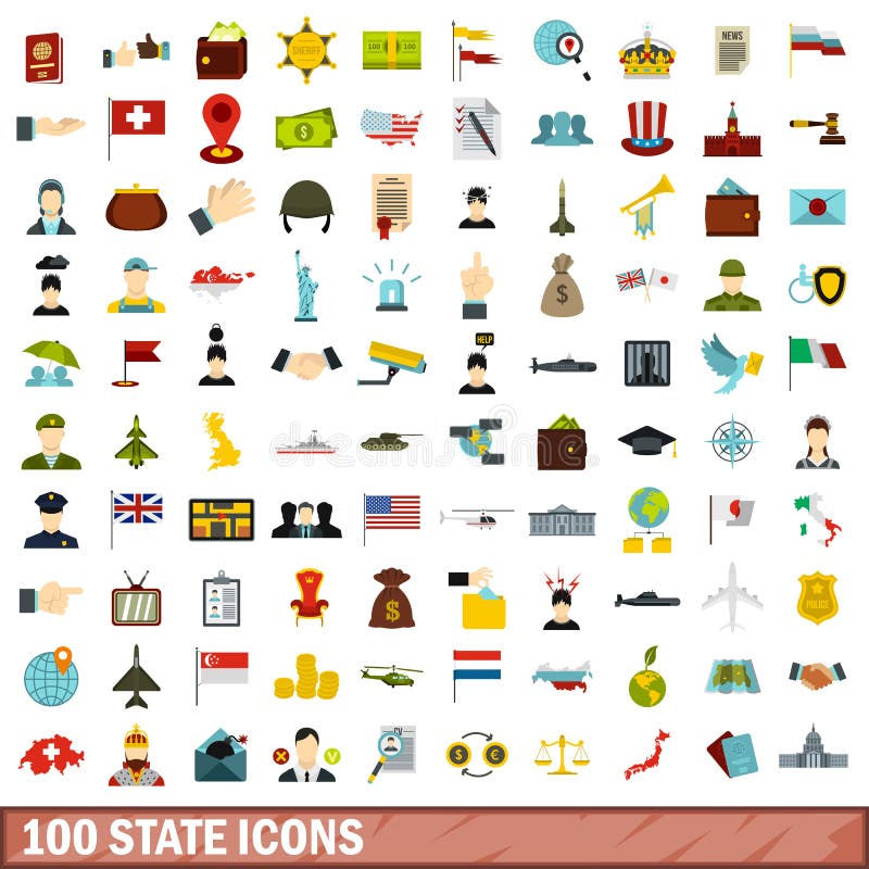 100 State Icons Set, Flat Style Stock Vector - Illustration of flat ...