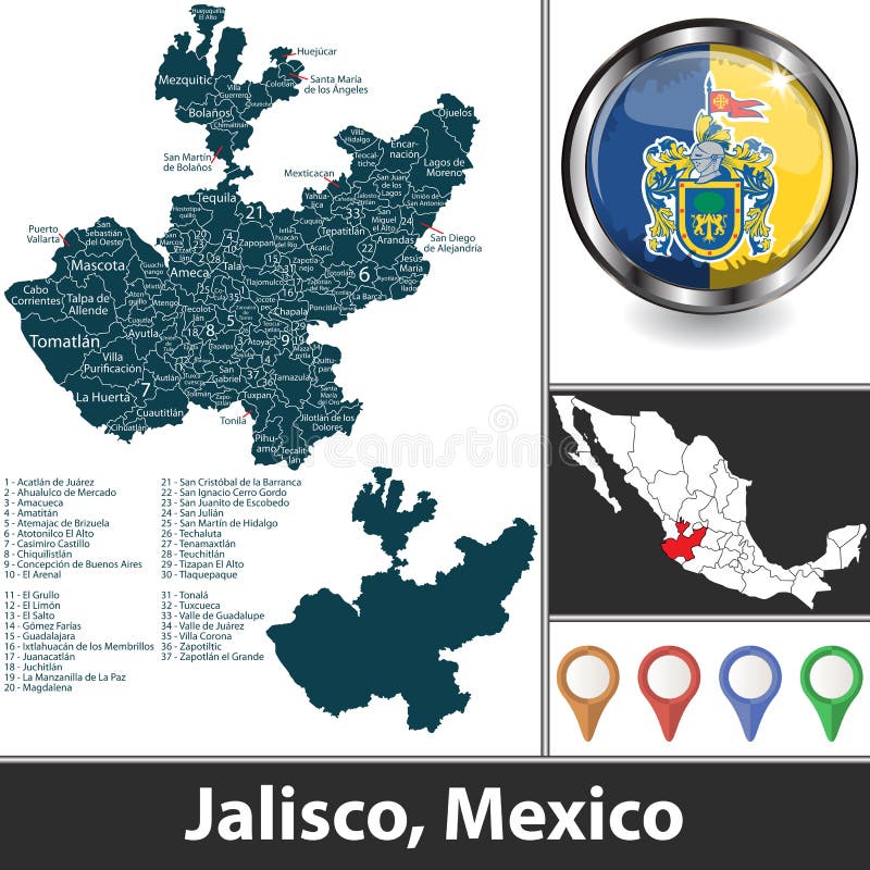 Map of Jalisco, Mexico stock vector. Illustration of region - 222792333