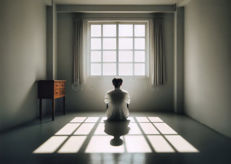 State of Mind a Person Sitting Alone in a Empty White Room, Emphasizing ...