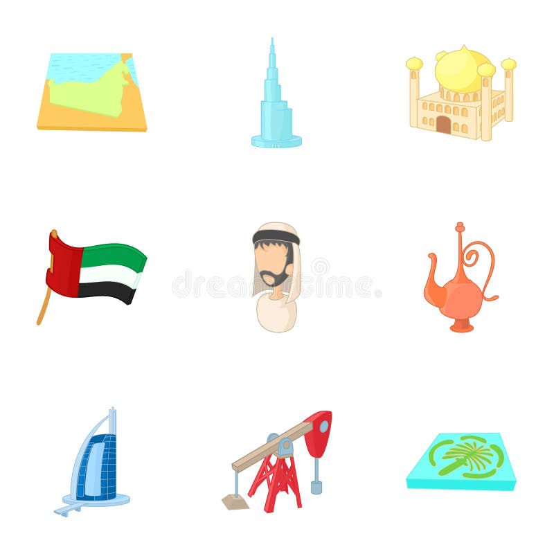 State of UAE Icons Set, Cartoon Style Stock Vector - Illustration of ...