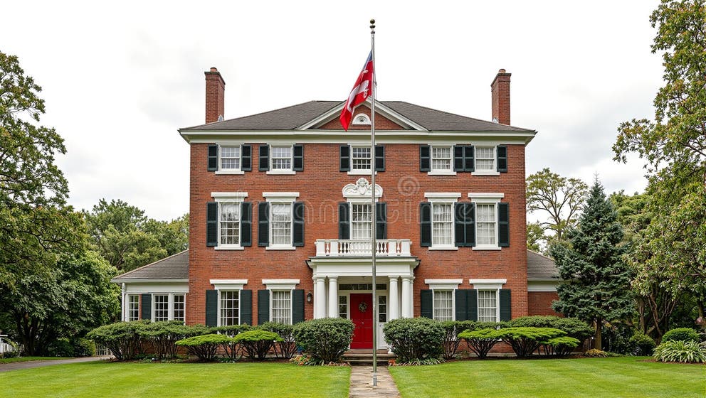 Stately Colonial House with Flag in Front Yard Stock Illustration ...