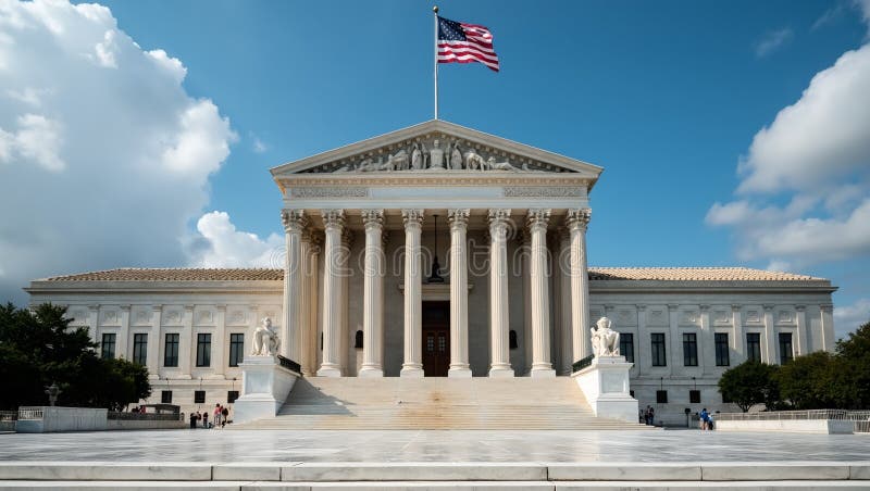 Stately Government Building with Flag Columns and Grand Doors Stock ...