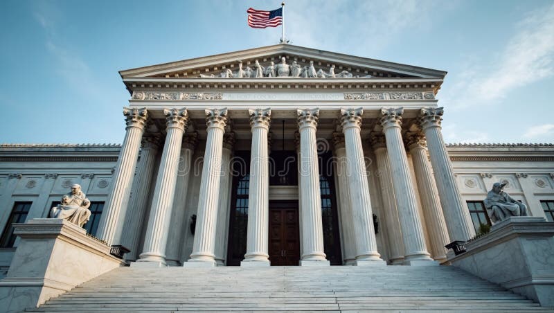 Stately Government Building with Flag Columns and Grand Doors Stock ...
