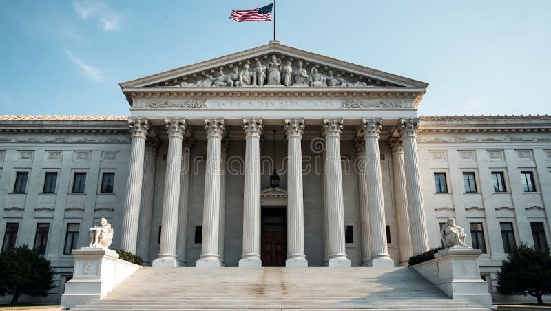 Stately Government Building with Flag Columns and Grand Doors Stock ...