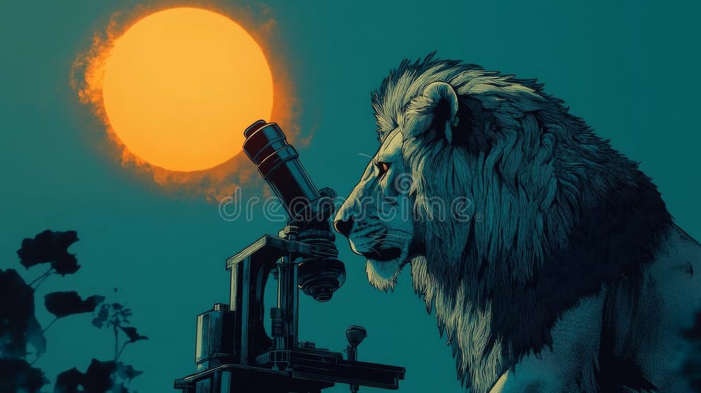 A Stately Lion Examining through a High-powered Microscope Stock Photo ...
