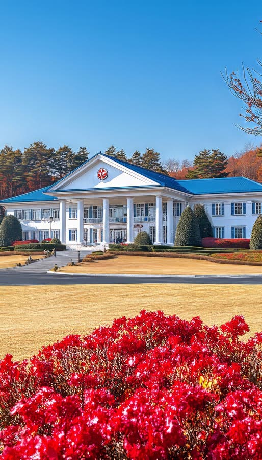 Stately White and Blue Building with Columns Surrounded by Red Flowers ...