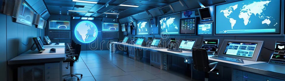 66 Stateoftheart 3D Cartoon AI Security Command Center with Holographic Displays Stock ...
