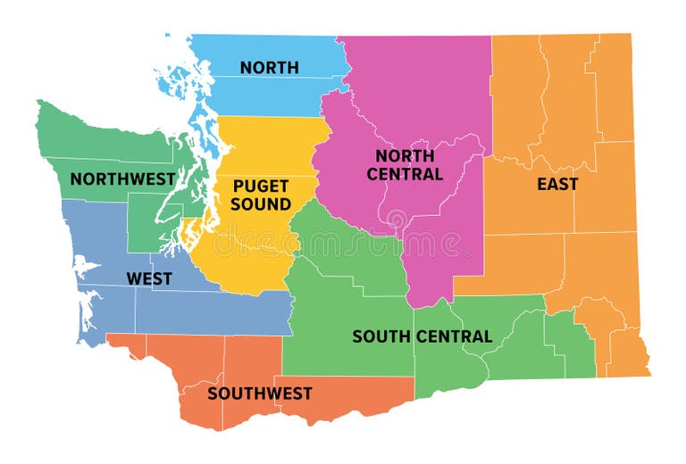 State of Washington, Census Regions, Multi Colored Political Map Stock ...