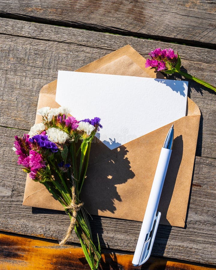 Static Flowers and an Envelope with an Empty Postcard. Stock Image ...