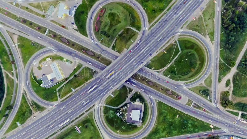 Static Vertical Top Down Aerial View of Traffic on Freeway Interchange ...