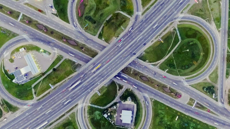 Static Vertical Top Down Aerial View of Traffic on Freeway Interchange ...