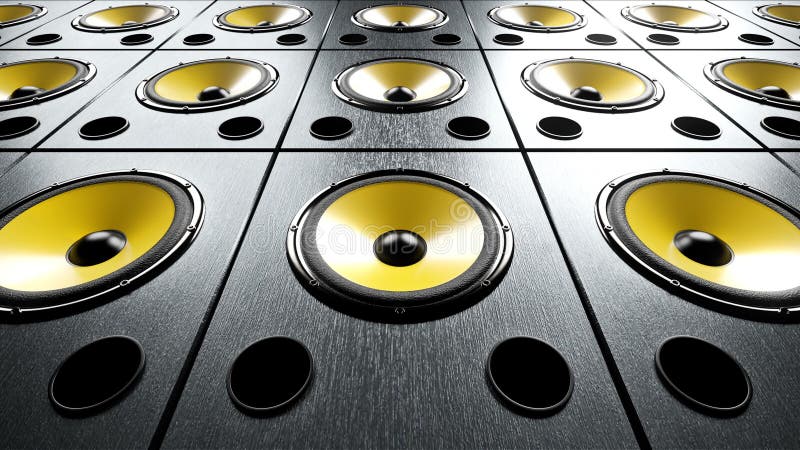 Static View of Audio Speakers with Yellow Membrane Stacked in Rows ...