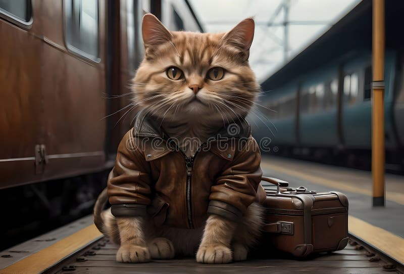 Station, a Cat in a Leather Jacket with a Suitcase is Waiting for the ...