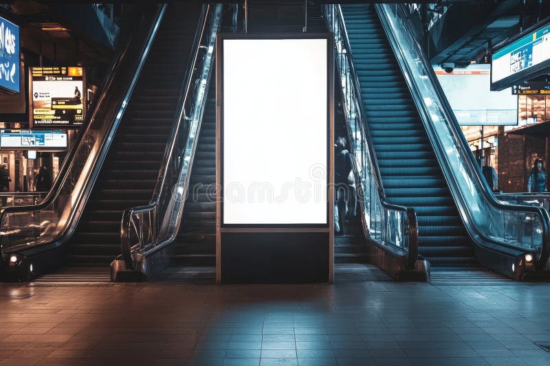 A Station with Escalators and an Empty Media Poster Template. Stock ...