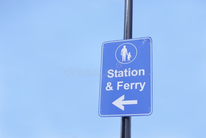 Station and Ferry Direction Sign Post Large Blank Blue Sky Background ...
