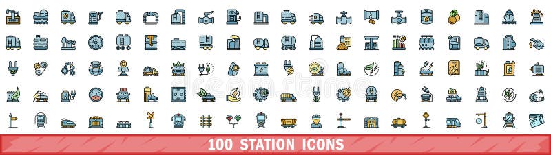 100 Station Icons Set, Color Line Style Stock Vector - Illustration of ...