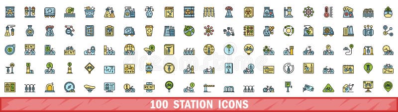 100 Station Icons Set, Color Line Style Stock Vector - Illustration of ...