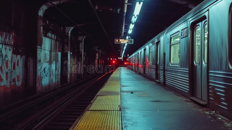 Stationary Subway Car with Open Doors Inside a Graffiti-covered Station ...